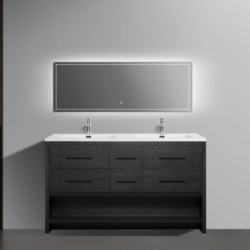 60" Black Oak Double Sink Vanity | White Polymarble Countertop