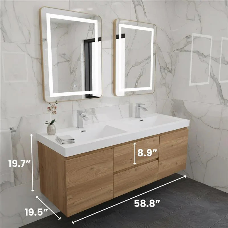 60" Rough Oak Wall Mount Double Sink Bathroom Vanity with White ...