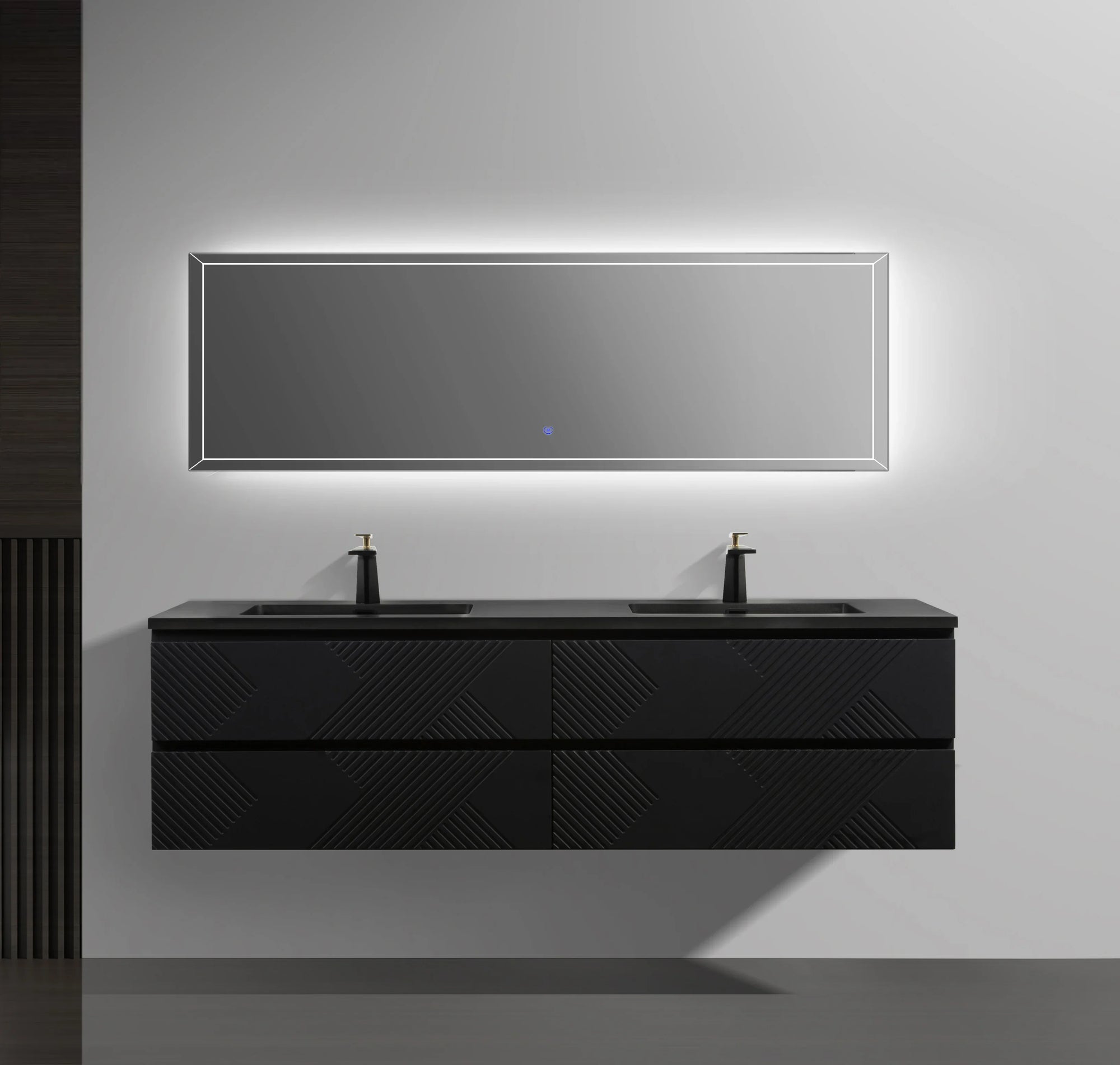 72" Black Wall Mount Double Sink Vanity | Black Engineered Top